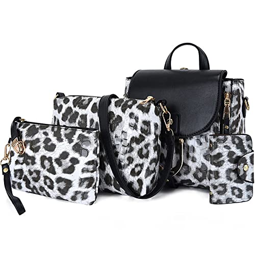 ZiMing 4Pcs Small Backpacks and Purses for Women Handbags Set​ Leopard Print PU Leather Satchel Shoulder Crossbody Bag Wallet Clutch-Gray