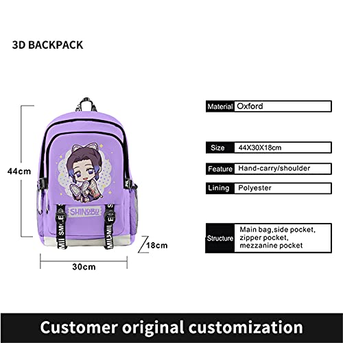 HANDAFA Anime Nezuko Print Bag Large Capacity Backpack Manga Cosplay Daypack(Purple Shinobu)