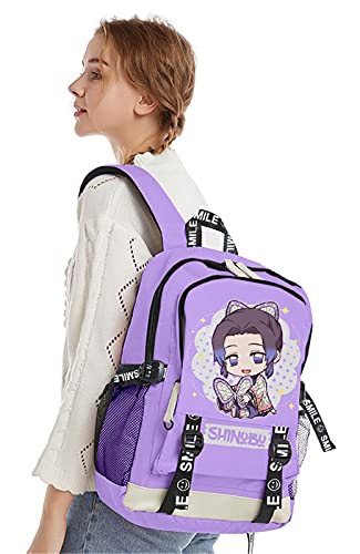 HANDAFA Anime Nezuko Print Bag Large Capacity Backpack Manga Cosplay Daypack(Purple Shinobu)