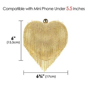 Women Heart Shape Crystal Tassel Evening Clutch Purse, Single-Sided Rhinestones Lady Party Wedding Crossbody Shoulder Ring Handle Handbag (Gold)