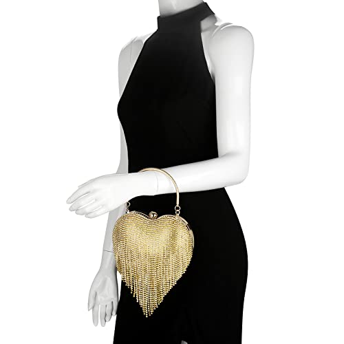 Women Heart Shape Crystal Tassel Evening Clutch Purse, Single-Sided Rhinestones Lady Party Wedding Crossbody Shoulder Ring Handle Handbag (Gold)