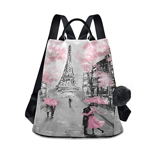 ALAZA Paris Eiffel Tower Couple Pink Floral Backpack Purse with Adjustable Straps for Woman Ladies