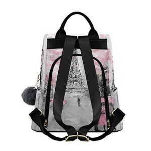 ALAZA Paris Eiffel Tower Couple Pink Floral Backpack Purse with Adjustable Straps for Woman Ladies