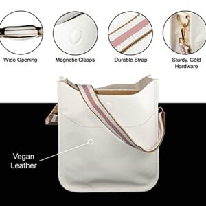 Pinafore Vegan Leather Crossbody Fashion Shoulder Bag | Soft, Magnetic Closure Handbag Purse for Women with Adjustable & Removable Guitar Strap, White