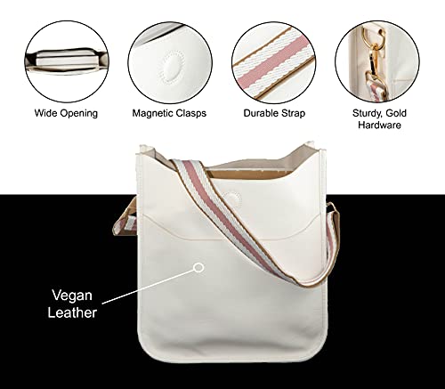 Pinafore Vegan Leather Crossbody Fashion Shoulder Bag | Soft, Magnetic Closure Handbag Purse for Women with Adjustable & Removable Guitar Strap, White