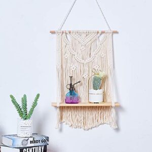 ebristar macrame wall hanging shelf, wood hanging shelf organizer hanger, rope wall hanging shelf plant hangers, handmade boho woven home wall decor¡­