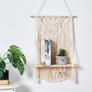 Ebristar Macrame Wall Hanging Shelf, Wood Hanging Shelf Organizer Hanger, Rope Wall Hanging Shelf Plant Hangers, Handmade Boho Woven Home Wall Decor¡­