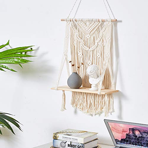 Ebristar Macrame Wall Hanging Shelf, Wood Hanging Shelf Organizer Hanger, Rope Wall Hanging Shelf Plant Hangers, Handmade Boho Woven Home Wall Decor¡­