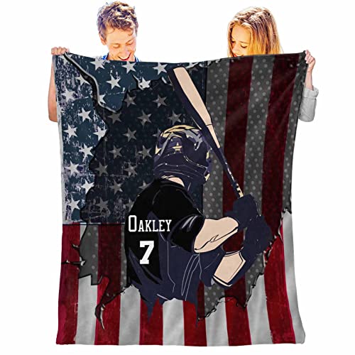 Personalized Name Blanket to My Son, My Grandson Sports Baseball with Flag Personalized Baseball Blanket with Name Number for Boys Boyfriend Husband Men 70 x 80 Inches