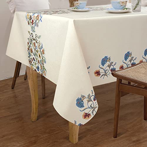 AIRCOWRIE Waterproof Vinyl Tablecloths, Heavy Duty Oil Proof Spill Proof Plastic Table Cloth, Wipe Clean PVC Table Cover for Spring Indoor and Outdoor Use (Embroidery Flower, 54”×120”, Rectangle)