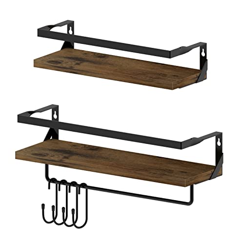 Ditwis Floating Shelves with Rail and Towel Bar, Set of 2 Rustic Wall Shelves for Kitchen, Coffee Bar, Bathroom Including 4 Hooks