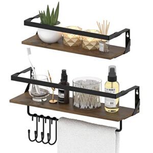 Ditwis Floating Shelves with Rail and Towel Bar, Set of 2 Rustic Wall Shelves for Kitchen, Coffee Bar, Bathroom Including 4 Hooks