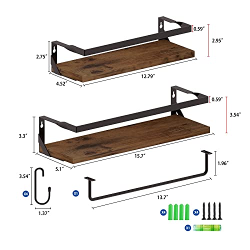 Ditwis Floating Shelves with Rail and Towel Bar, Set of 2 Rustic Wall Shelves for Kitchen, Coffee Bar, Bathroom Including 4 Hooks