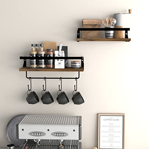 Ditwis Floating Shelves with Rail and Towel Bar, Set of 2 Rustic Wall Shelves for Kitchen, Coffee Bar, Bathroom Including 4 Hooks