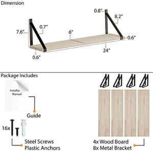 Wallniture Bora Floating Shelves for Wall Storage, 24"x6" Floating Book Shelves for Living Room, Natural Wood Wall Shelves for Books and DVD Storage, Set of 4