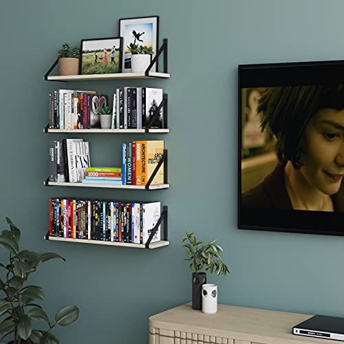 Wallniture Bora Floating Shelves for Wall Storage, 24"x6" Floating Book Shelves for Living Room, Natural Wood Wall Shelves for Books and DVD Storage, Set of 4