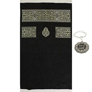 Modefa Turkish Islamic Prayer Rug - Chenille Praying Mat Sajada for Men and Women - Traditional Muslim Praying Carpet Janamaz - Ramadan or Eid Gift with Car Hanger - Luxury Woven Meccan (Black KB)