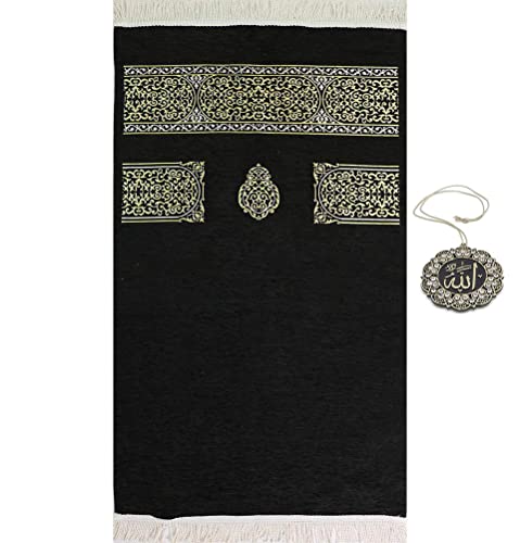 Modefa Turkish Islamic Prayer Rug - Chenille Praying Mat Sajada for Men and Women - Traditional Muslim Praying Carpet Janamaz - Ramadan or Eid Gift with Car Hanger - Luxury Woven Meccan (Black KB)