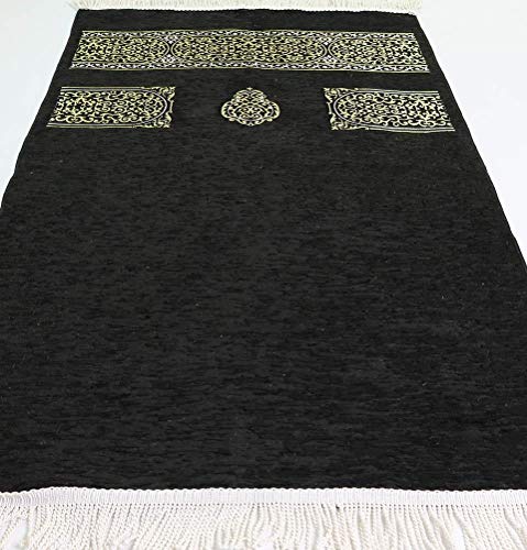 Modefa Turkish Islamic Prayer Rug - Chenille Praying Mat Sajada for Men and Women - Traditional Muslim Praying Carpet Janamaz - Ramadan or Eid Gift with Car Hanger - Luxury Woven Meccan (Black KB)