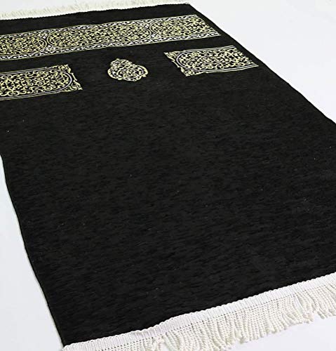 Modefa Turkish Islamic Prayer Rug - Chenille Praying Mat Sajada for Men and Women - Traditional Muslim Praying Carpet Janamaz - Ramadan or Eid Gift with Car Hanger - Luxury Woven Meccan (Black KB)