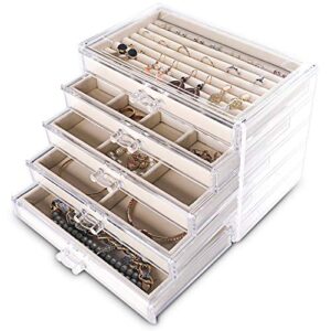 frebeauty extra large acrylic jewelry box for women 5 layers clear jewelry organizer velvet earring box with 5 drawers rings display case necklaces holder tray for women girls (beige)