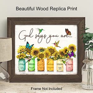 God Says You Are Wall Art Decor - Religious Scripture Encouragement Gifts for Women - Christian Affirmations - Rustic Inspirational Psalms Bible Verses - Catholic Gifts - Motivational Positive Quotes