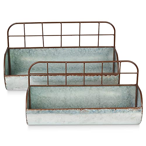 ANDRA DECOR Galvanized Metal Industrial Wall Storage Holder,Hanging Planters,Farmhouse Hanging Organizer,Decorative Wire Back Wall Rustic Tin Shelves,Set of 2