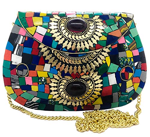 Antique Indian art Handmade Multi color Stone mosaic metal bag Women/Girls Bridal metal clutch party sling bag