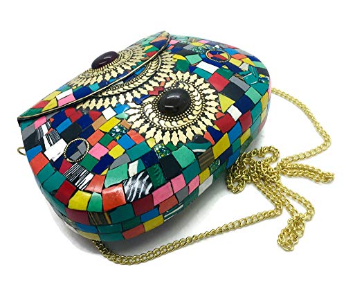 Antique Indian art Handmade Multi color Stone mosaic metal bag Women/Girls Bridal metal clutch party sling bag