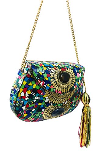 Antique Indian art Handmade Multi color Stone mosaic metal bag Women/Girls Bridal metal clutch party sling bag