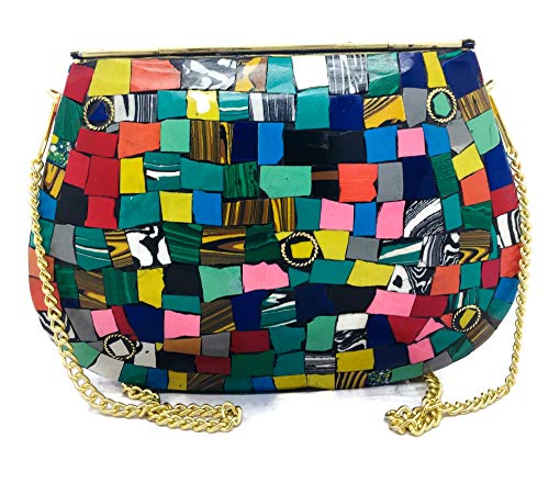 Antique Indian art Handmade Multi color Stone mosaic metal bag Women/Girls Bridal metal clutch party sling bag