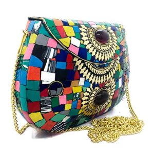 Antique Indian art Handmade Multi color Stone mosaic metal bag Women/Girls Bridal metal clutch party sling bag