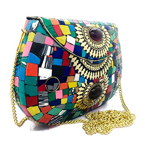 Antique Indian art Handmade Multi color Stone mosaic metal bag Women/Girls Bridal metal clutch party sling bag