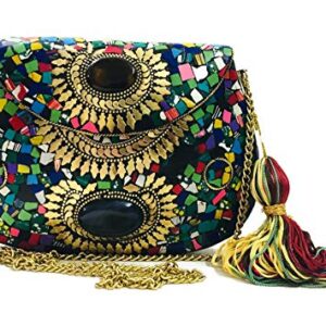 Antique Indian art Handmade Multi color Stone mosaic metal bag Women/Girls Bridal metal clutch party sling bag