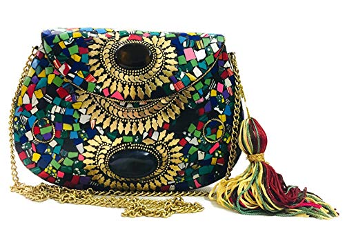 Antique Indian art Handmade Multi color Stone mosaic metal bag Women/Girls Bridal metal clutch party sling bag