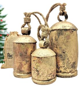 highbix set of 3 giant harmony cow bells huge vintage handmade rustic lucky christmas hanging xl bells on rope (country rustic, x-large)