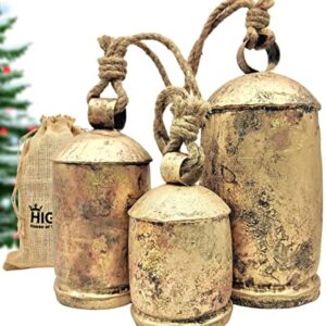 HIGHBIX Set of 3 Giant Harmony Cow Bells Huge Vintage Handmade Rustic Lucky Christmas Hanging XL Bells On Rope (Country Rustic, X-Large)