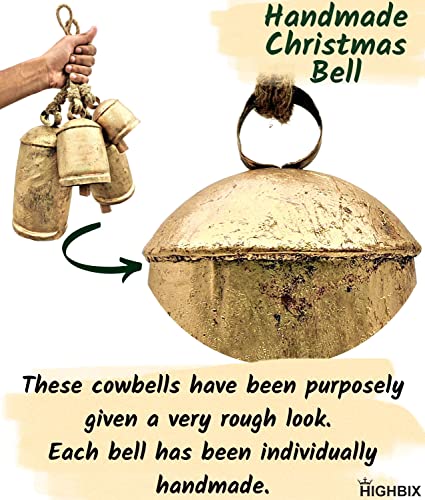 HIGHBIX Set of 3 Giant Harmony Cow Bells Huge Vintage Handmade Rustic Lucky Christmas Hanging XL Bells On Rope (Country Rustic, X-Large)