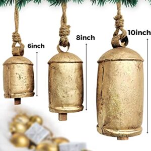 HIGHBIX Set of 3 Giant Harmony Cow Bells Huge Vintage Handmade Rustic Lucky Christmas Hanging XL Bells On Rope (Country Rustic, X-Large)