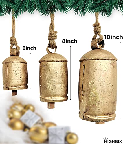 HIGHBIX Set of 3 Giant Harmony Cow Bells Huge Vintage Handmade Rustic Lucky Christmas Hanging XL Bells On Rope (Country Rustic, X-Large)