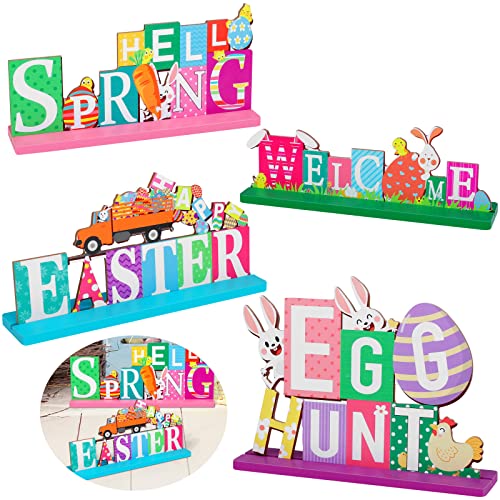 Fovths 4 Pack Easter Wooden Centerpiece Table Decorations Spring Table Decor Signs Tabletopper Centerpiece Signs for Easter Home Office Holiday Party Decorations