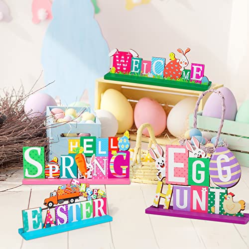 Fovths 4 Pack Easter Wooden Centerpiece Table Decorations Spring Table Decor Signs Tabletopper Centerpiece Signs for Easter Home Office Holiday Party Decorations