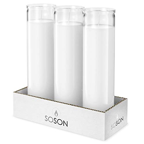 SIMPLY SOSON 2x8 White Candles in Glass 3 Pack – 90 Hours | Prayer Candles in Glass Meditation Candles Religious Candles | Church Candles Memorial Candles Emergency Candles Long Burning Velas Blancas