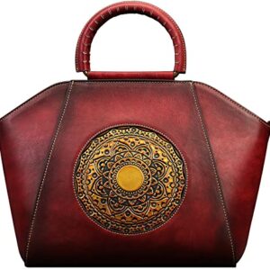 Zhuoliang Women Genuine Leather Handbags, Organizer Retro Vegetable Tanning leather Satchel Vintage Embossing Totem Shoulder Bag