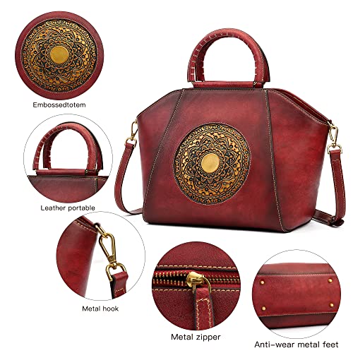 Zhuoliang Women Genuine Leather Handbags, Organizer Retro Vegetable Tanning leather Satchel Vintage Embossing Totem Shoulder Bag