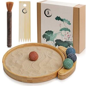 enso – japanese zen garden kit for desk – sand garden tools and accessories box set for office desktop – 12” large round bamboo tray, 4 stamp spheres, natural sand, rake – mini zen decor gifts