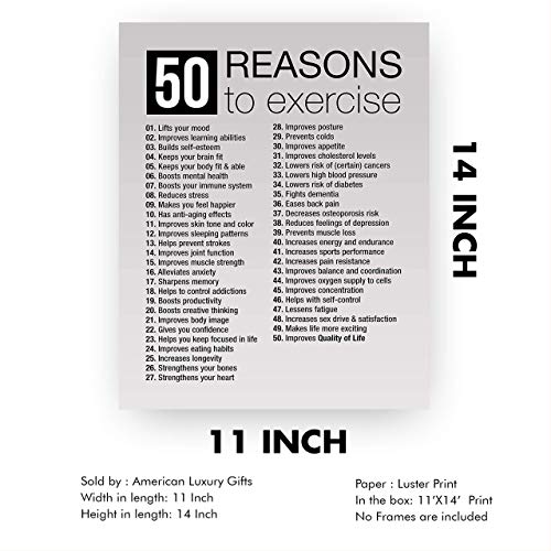 "50 Reasons to Exercise" Motivational Quotes Exercise Wall Sign -11 x 14" Inspirational Fitness Poster Print-Ready to Frame. Positive Decor for Home-Gym-Weight Room. Great Gift of Motivation!