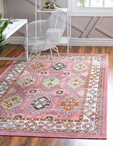 unique loom aarhus collection geometric border rug_aar004, 6 x 9 feet, rose/ivory