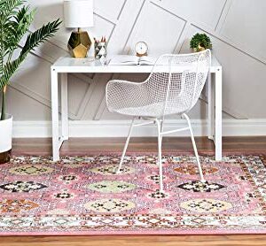 Unique Loom Aarhus Collection Geometric Border Rug_AAR004, 6 x 9 Feet, Rose/Ivory