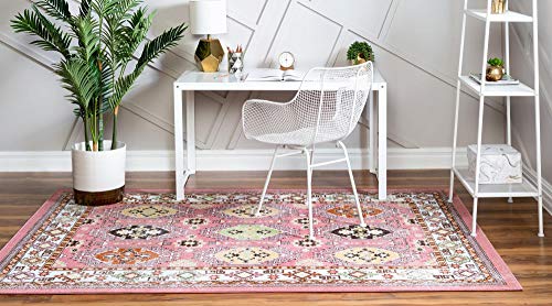 Unique Loom Aarhus Collection Geometric Border Rug_AAR004, 6 x 9 Feet, Rose/Ivory